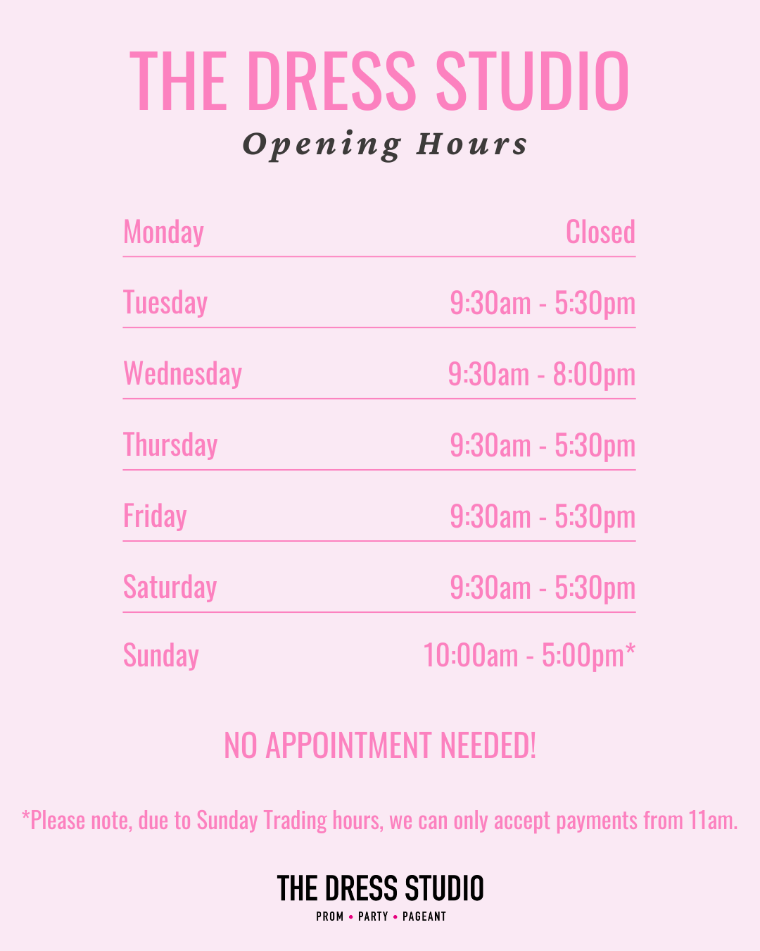 Our Opening Times Have Changed! January 2026 – The Dress Studio